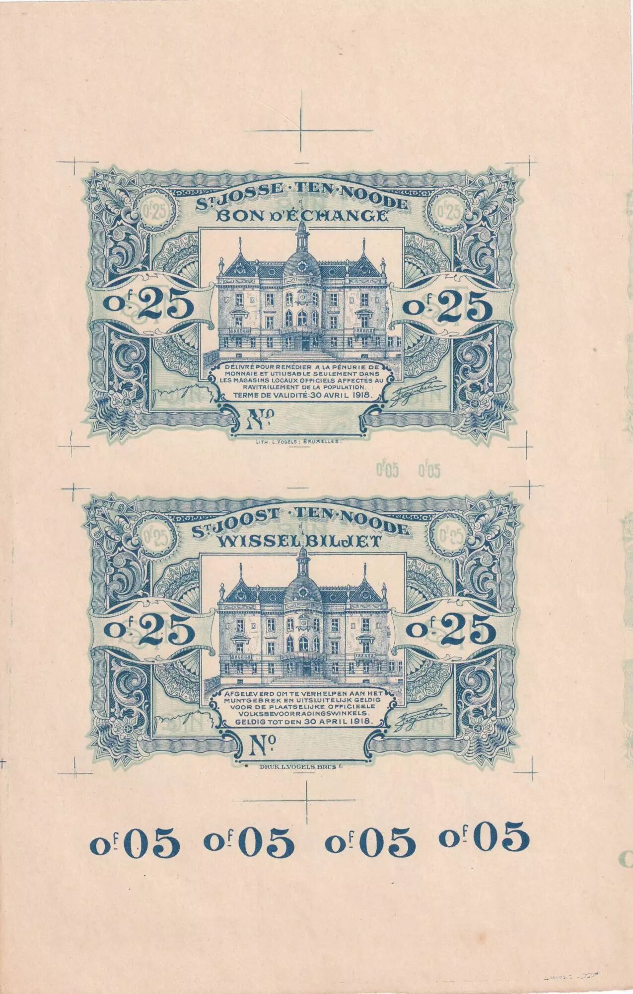 Banknote Belgium Sheet - 25 Cents - Necessity banknote of St Josse-Ten ...