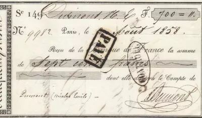 Banknote France 700 francs - French bank receipt - Serial 149 - 1858