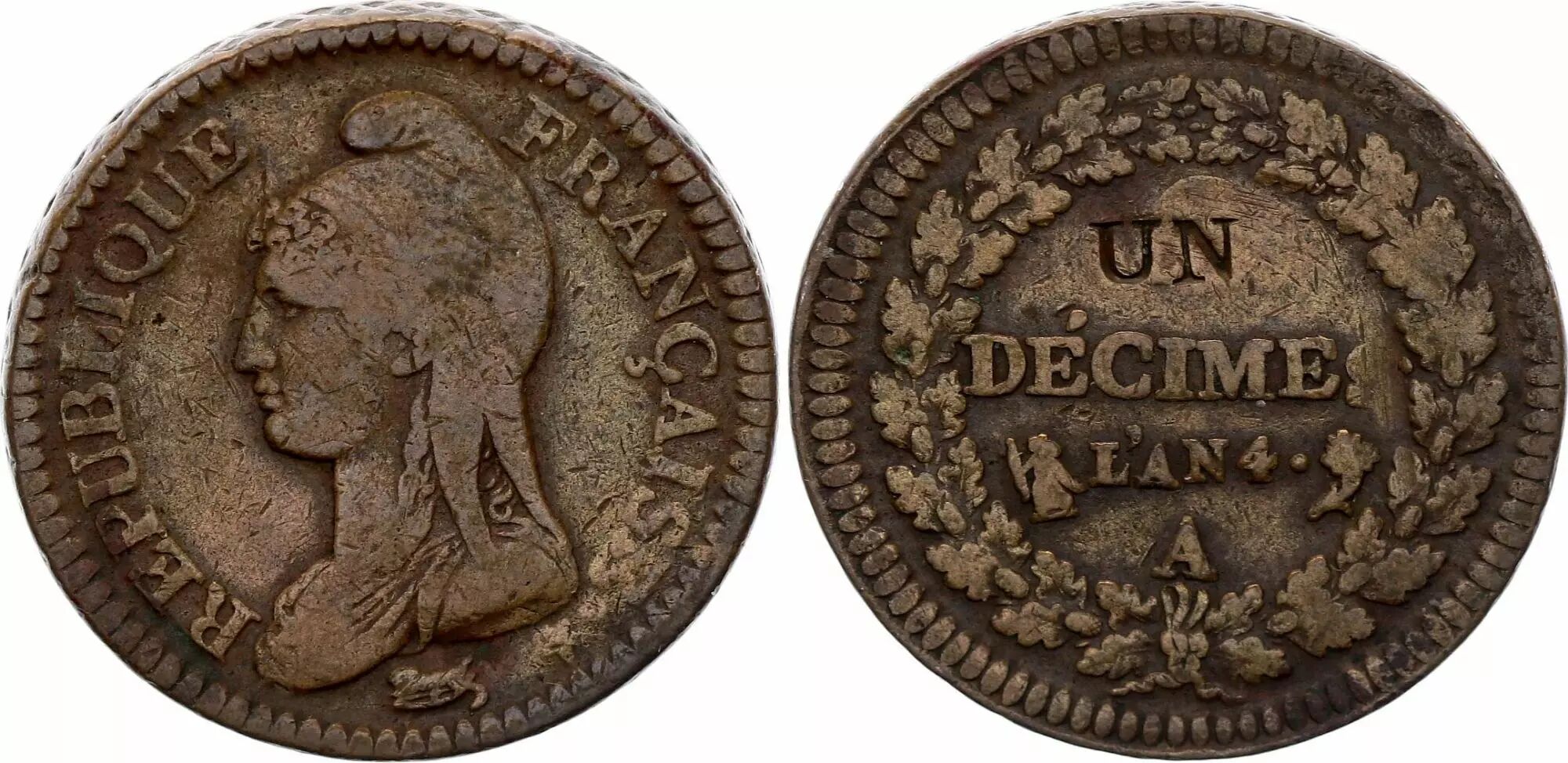 Coin France 1 Décime - Surfrappe sur 2 décimes - Dupré - Directoire An ...
