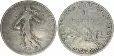 Pièce France 1 Franc Semeuse - 1908 - Argent