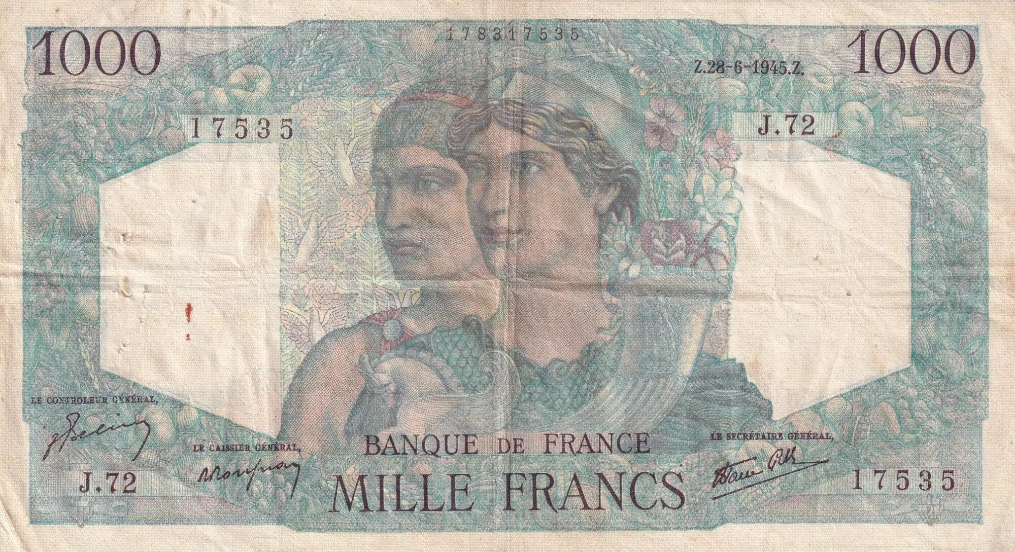 Billet France 1000 Francs Minerve et Hercule - 28-06-1945 - Série J.72