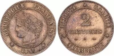 Pièce France 2 Centimes Cérès - Troisième République - 1877 A Paris