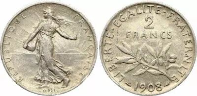Coin France 2 Francs Semeuse - 1908 - Silver