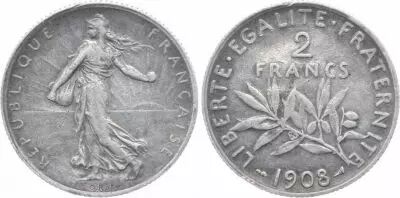 Coin France 2 Francs Semeuse - 1908 - Silver