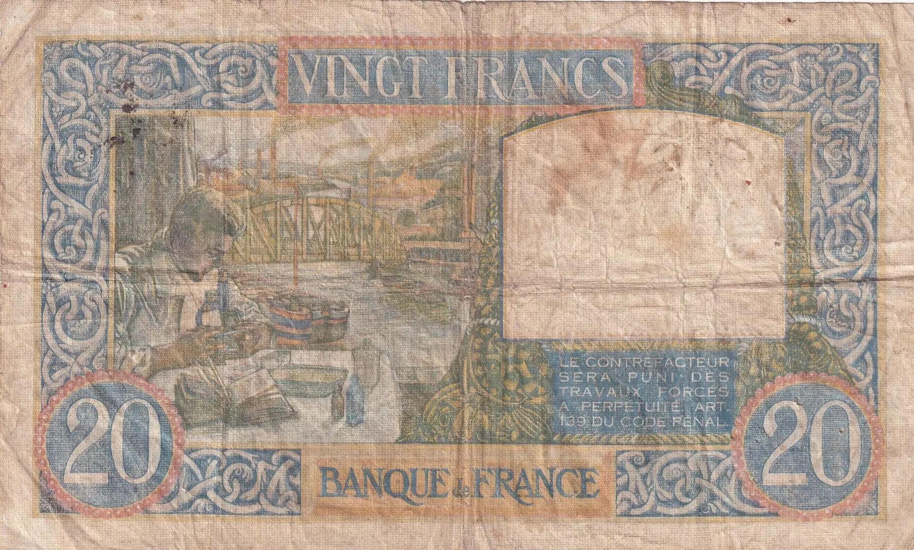 Banknote France 20 Francs Science and Labour - 19-12-1940 - Serial X.2521