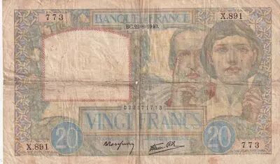 Banknote France 20 Francs Science and Labour - 22-08-1940 - Serial X.891