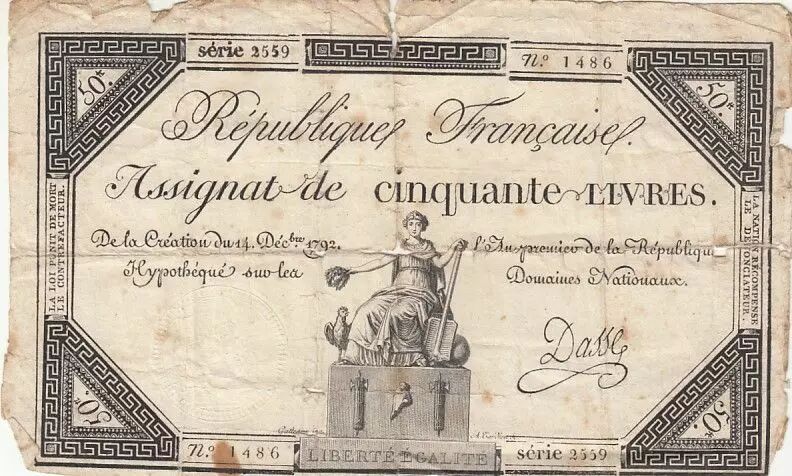 Banknote France 50 Livres France seated - 14-12-1792 - Sign. Dasse