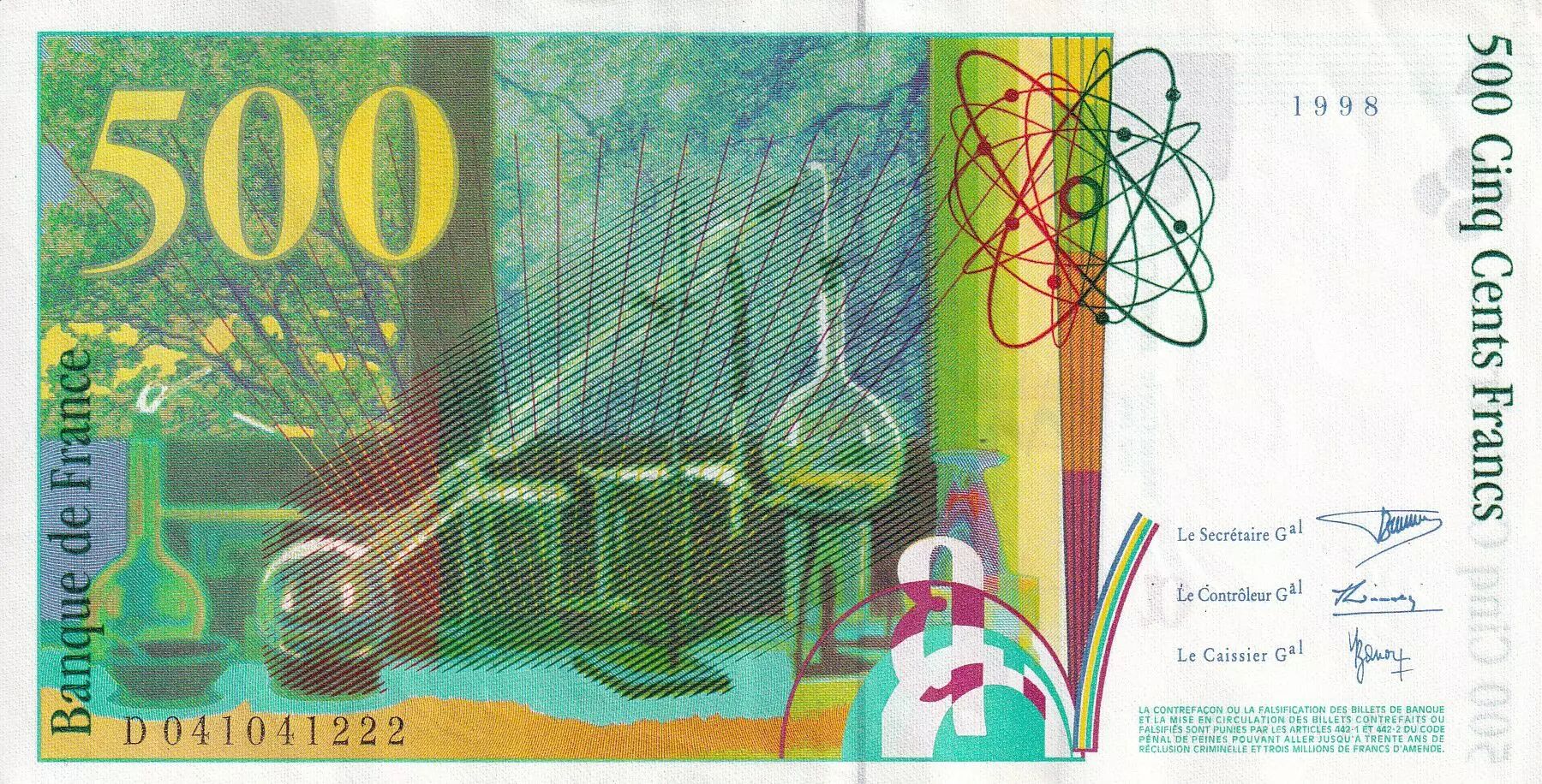 Banknote France 500 Francs - Pierre et Marie Curie - 1998 - Letter D ...