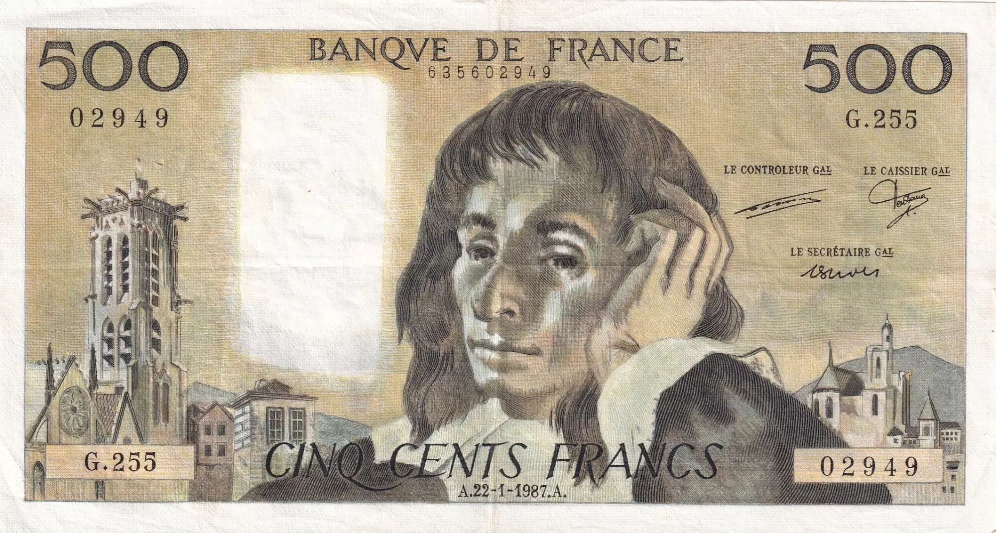 Billet France 500 Francs Pascal - 22-01-1987 - Série G.255