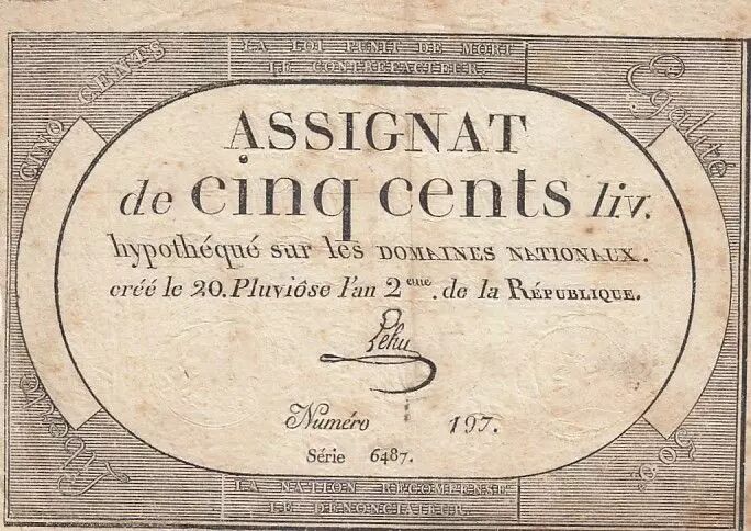 Banknote France 500 Livres - 20 Pluviose An II (8.2.1794) - F+ - Sign. Lehu