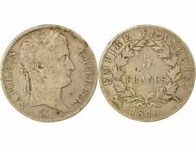 Coin France Napoleon I - 5 Silver Francs, Empire - 1810 B Rouen