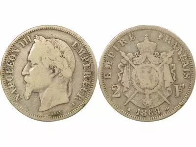 Coin France Napoleon III - 2 Silver Franc, Laureate Head - 1868 A Paris
