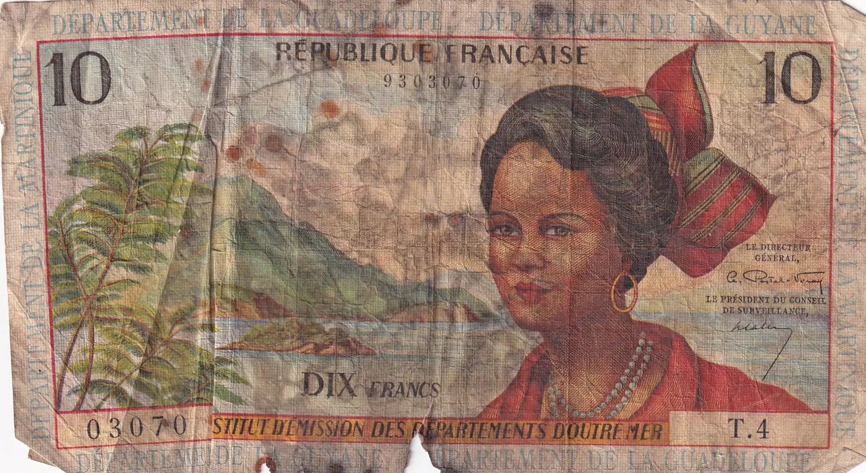 Banknote French Antilles 10 Francs Girl, sugar cane - 1964 - Serial T.4