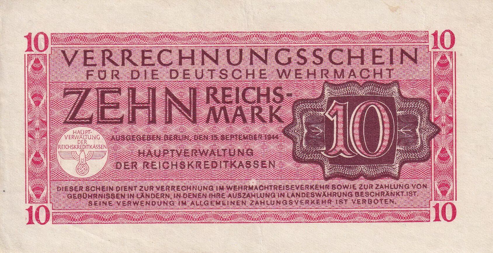 Banknote Germany 10 Reichsmark - Military Payements Certificates - 1944 ...