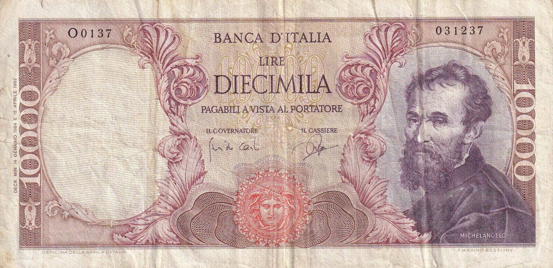 Banknote Italy 10000 Lire - Michelangelo - 14-01-1964 - Serial O - P.97b