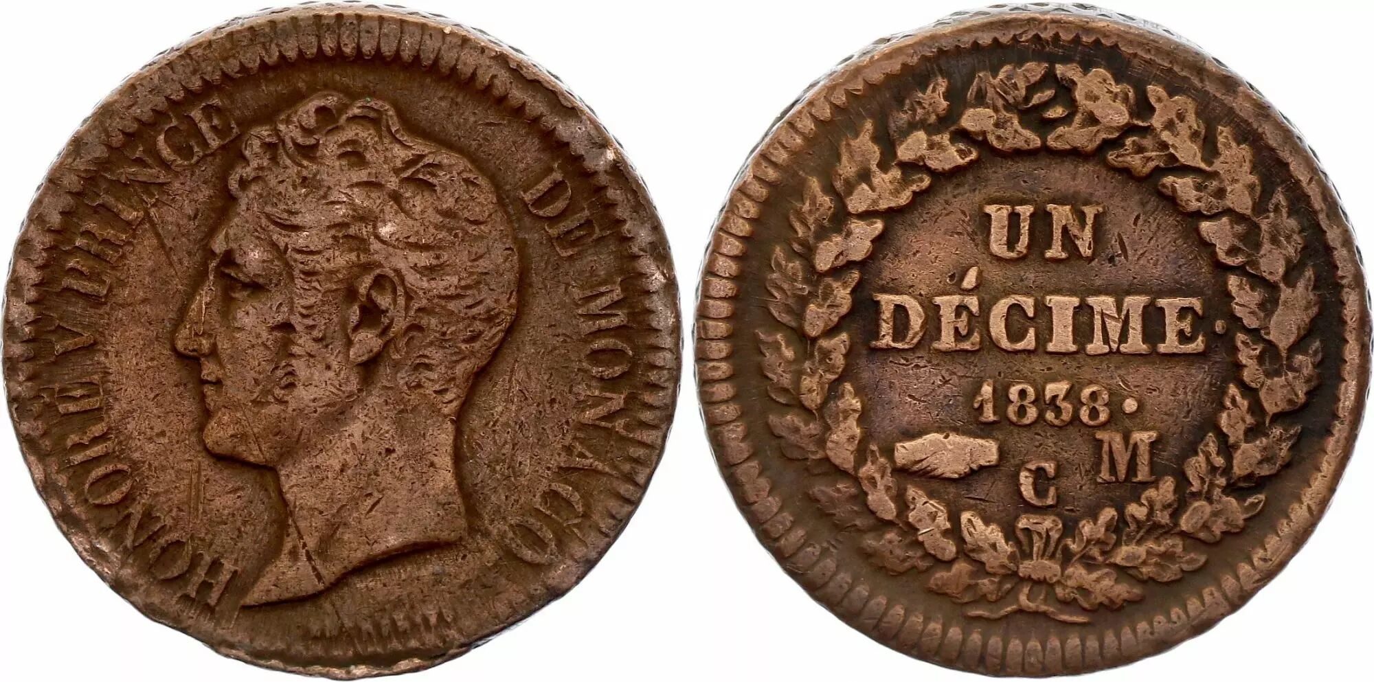 Pièce Monaco 1 Décime Honoré V - 1838 MC