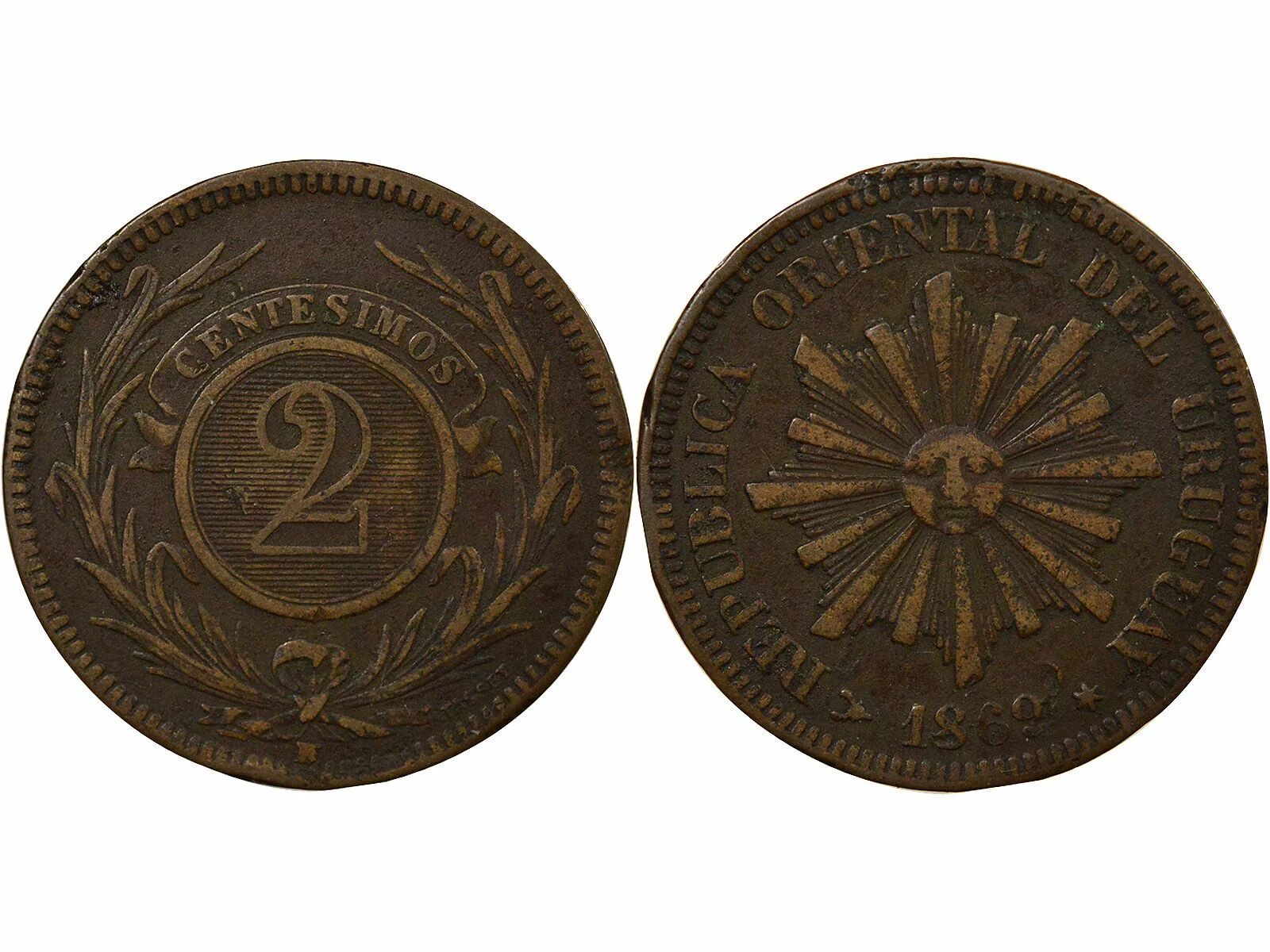 Coin Uruguay 2 Centesimos - 1869 (1870) H Heaton