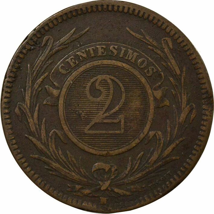 Coin Uruguay 2 Centesimos - 1869 (1870) H Heaton